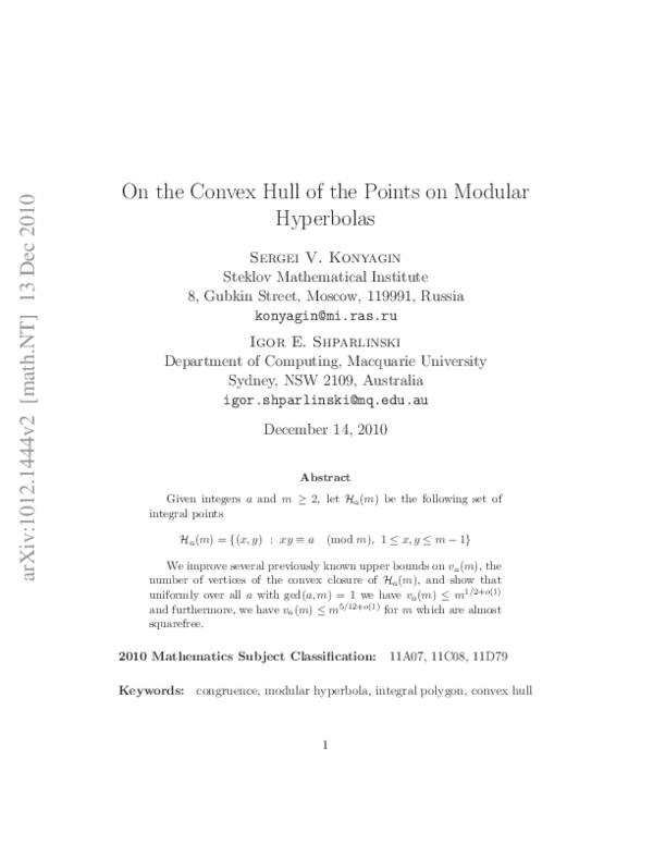 (PDF) On the Convex Hull of the Points on Modular Hyperbolas