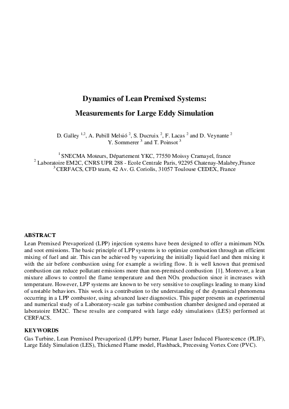 (PDF) Dynamics of Lean Premixed Systems: Measurements for Large Eddy Simulation