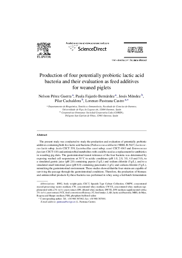 (PDF) Production of four potentially probiotic lactic acid bacteria and their evaluation as feed ...