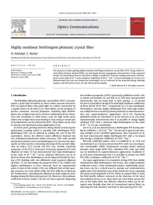 (PDF) Highly nonlinear birefringent photonic crystal fiber
