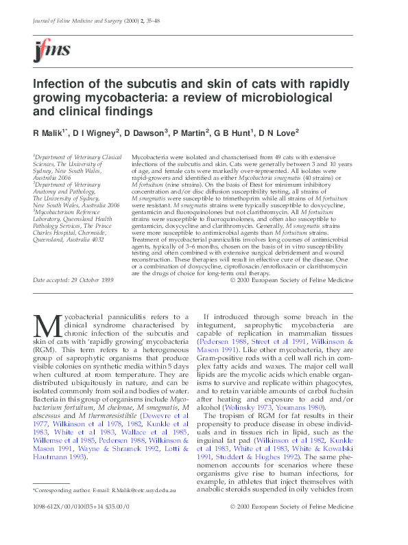 Pdf Infection Of The Subcutis And Skin Of Cats With Rapidly Growing Mycobacteria A Review Of