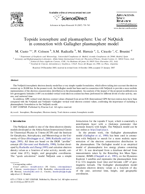 (PDF) Topside ionosphere and plasmasphere: Use of NeQuick in connection with Gallagher ...