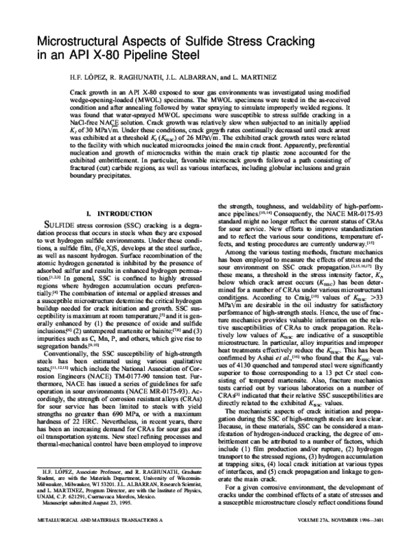 (PDF) Microstructural aspects of sulfide stress cracking in an API X-80 ...