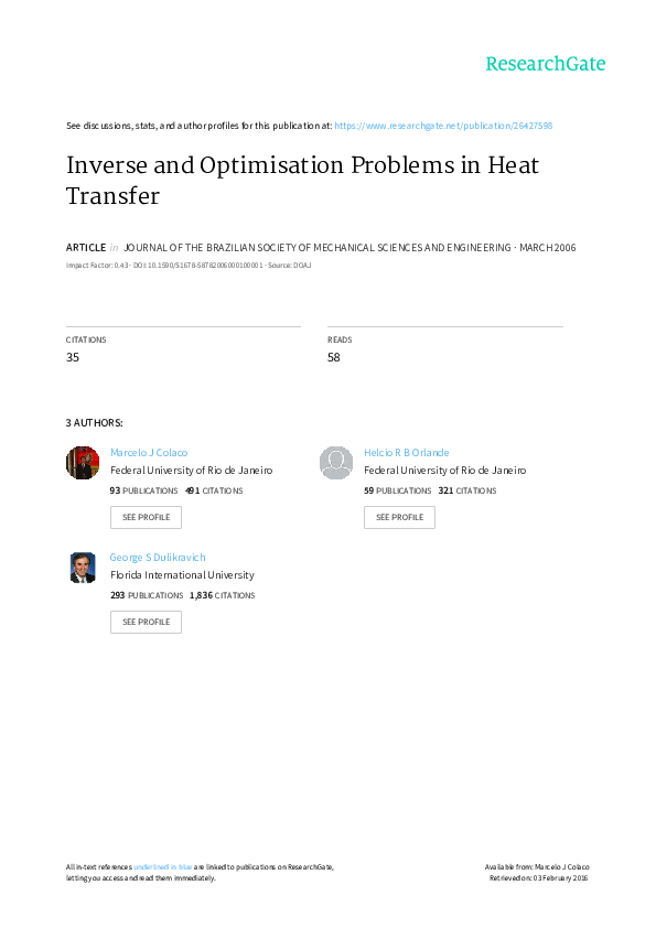 (PDF) Inverse and optimization problems in heat transfer