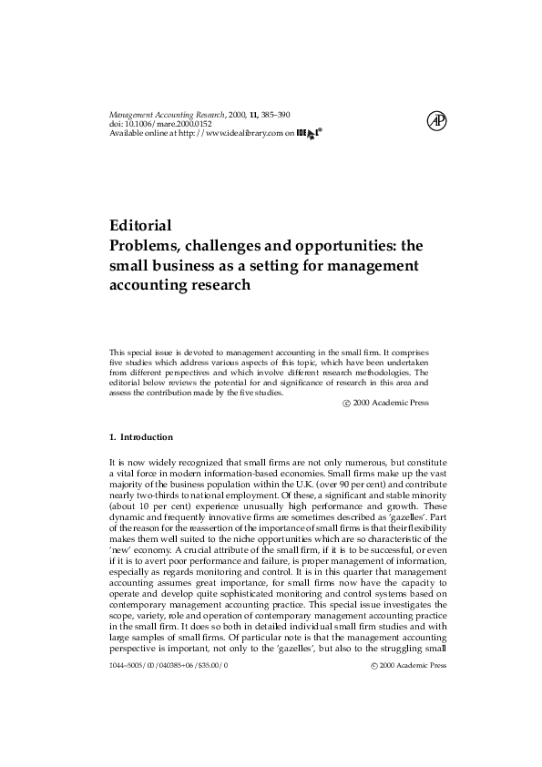 (PDF) Editorial. Problems, challenges and opportunities: the small ...