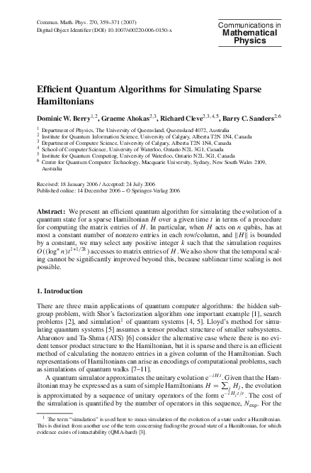 (PDF) Efficient Quantum Algorithms for Simulating Sparse Hamiltonians (PDF) Efficient Quantum Algorithms for Simulating Sparse Hamiltonians