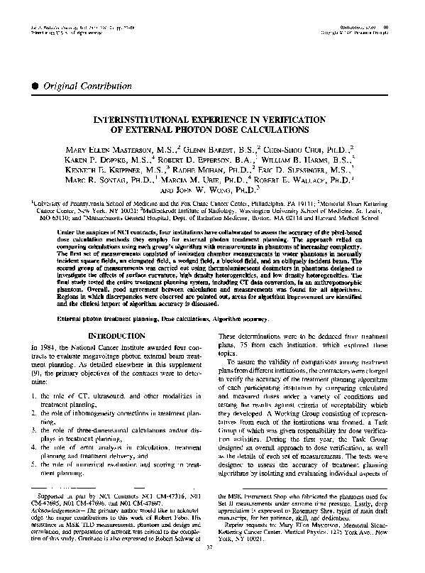 (PDF) Interinstitutional experience in verification of external photon dose calculations