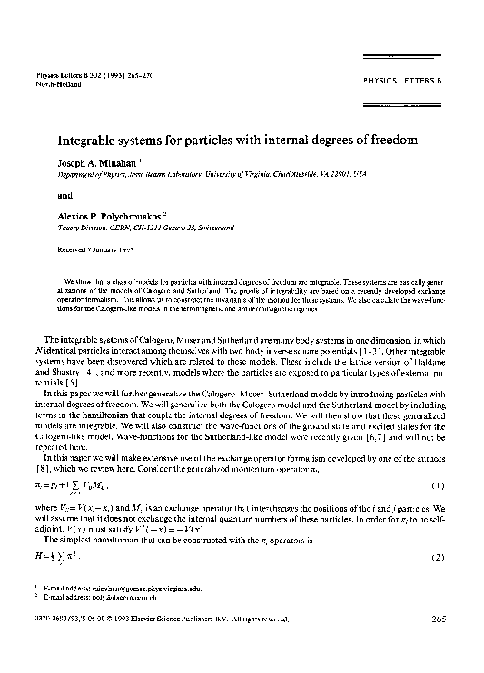 (PDF) Integrable systems for particles with internal degrees of freedom