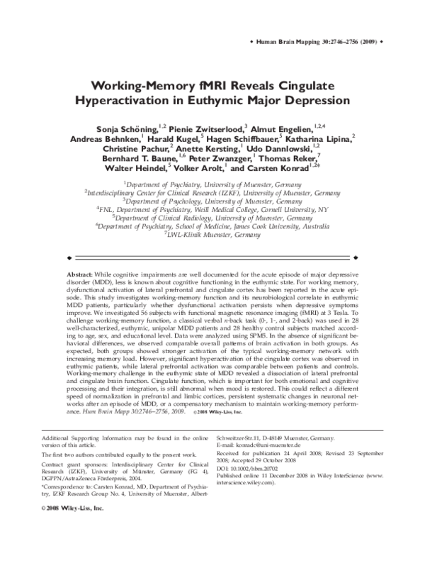(PDF) Working-memory fMRI reveals cingulate hyperactivation in euthymic major depression