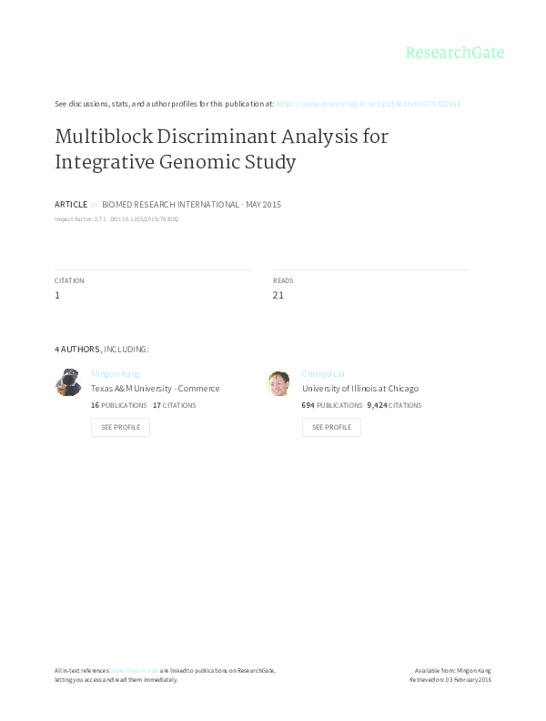 (PDF) Multiblock Discriminant Analysis for Integrative Genomic Study