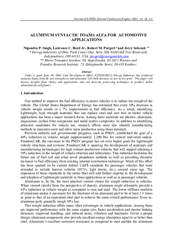 (PDF) Aluminum syntactic foams ALFA for automotive applications