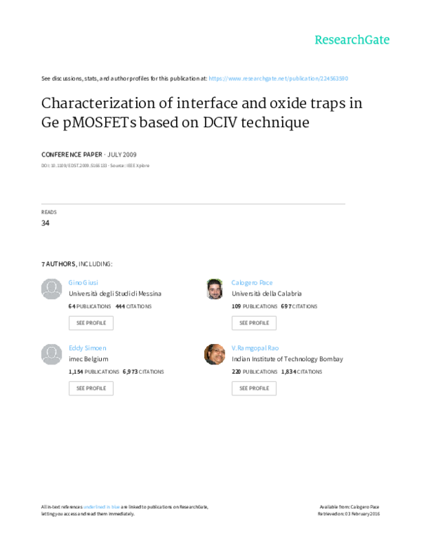 Pdf Characterization Of Interface And Oxide Traps In Ge Pmosfets Based On Dciv Technique