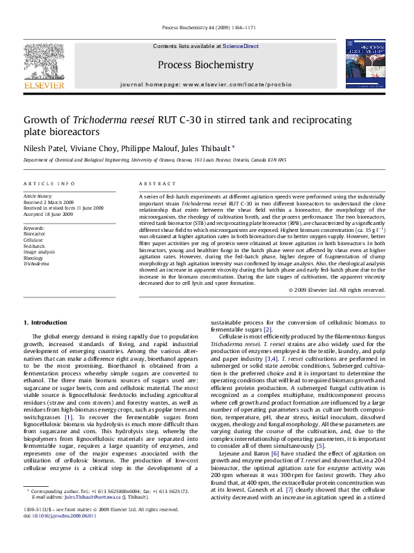 (PDF) Growth of Trichoderma reesei RUT C-30 in stirred tank and reciprocating plate bioreactors