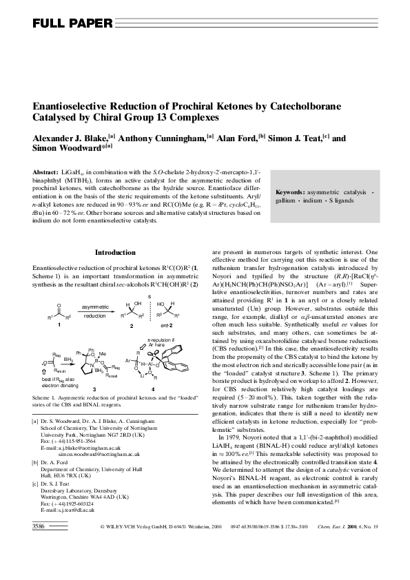 (PDF) Enantioselective Reduction of Prochiral Ketones by Catecholborane ...