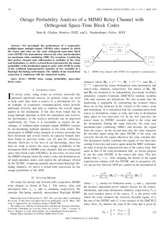 (PDF) Outage probability analysis of a MIMO relay channel with orthogonal space-time block codes