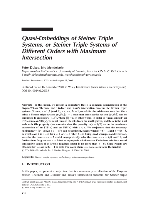 (PDF) Quasi-embeddings of Steiner triple systems, or Steiner triple systems of different orders ...