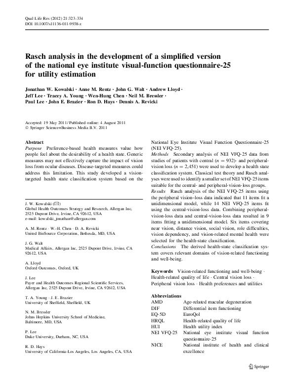 (PDF) Rasch analysis in the development of a simplified version of the national eye institute ...