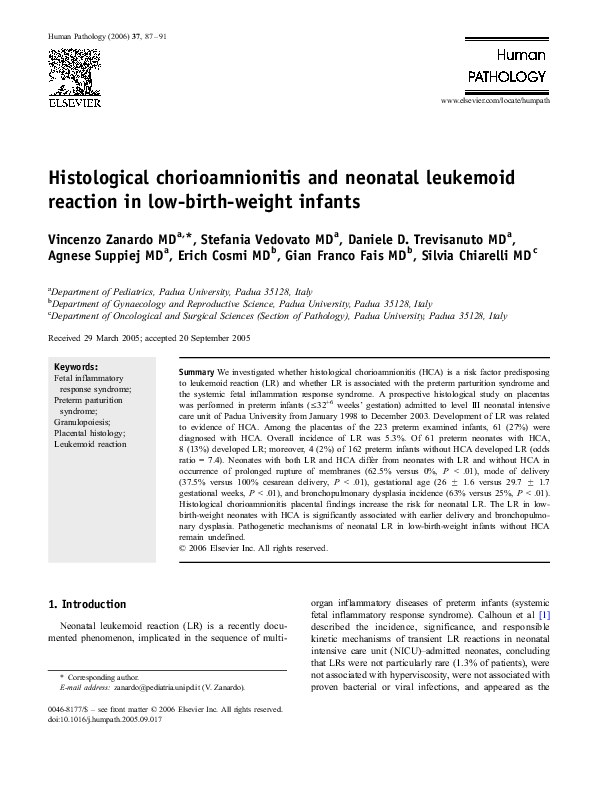 (PDF) Histological chorioamnionitis and neonatal leukemoid reaction in ...