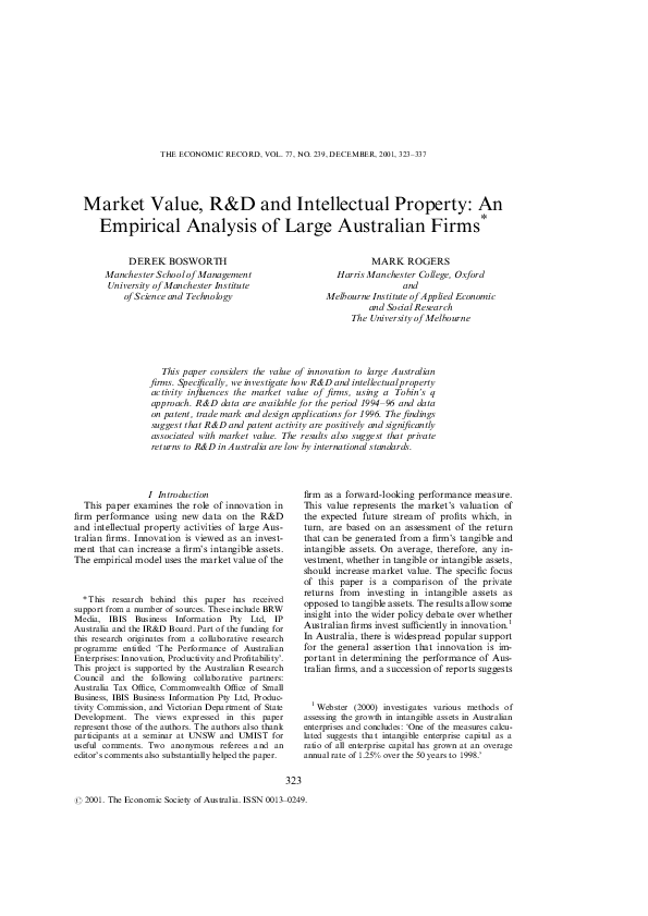(PDF) Market Value, R&D and Intellectual Property: An Empirical Analysis of Large Australian Firms