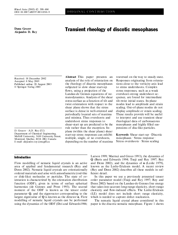 (PDF) Transient rheology of discotic mesophases