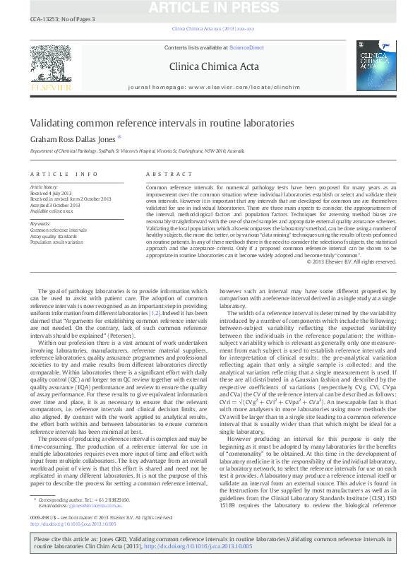 (PDF) Validating common reference intervals in routine laboratories
