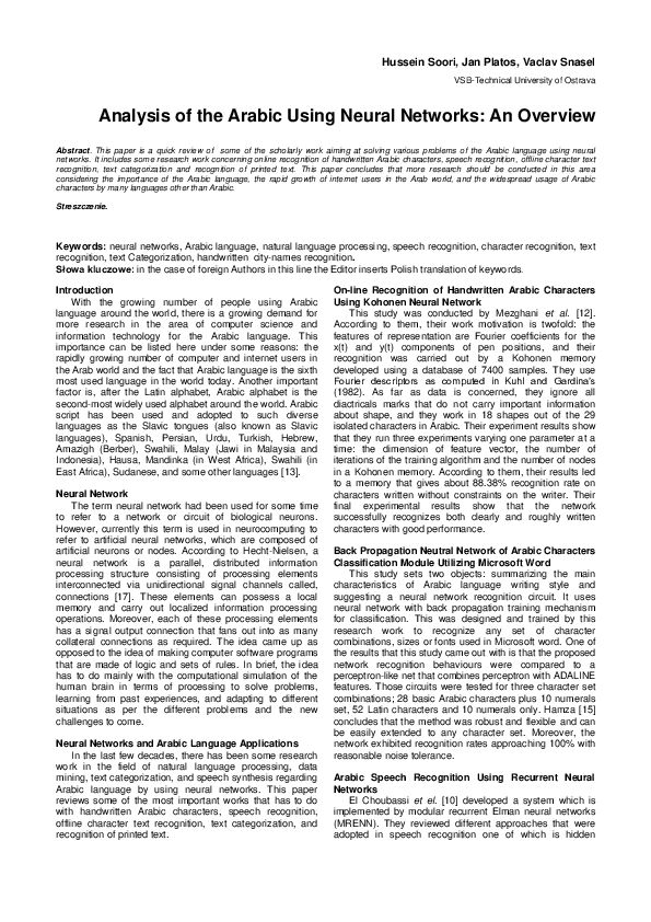 Analysis of the Arabic Using Neural Networks: An Overview