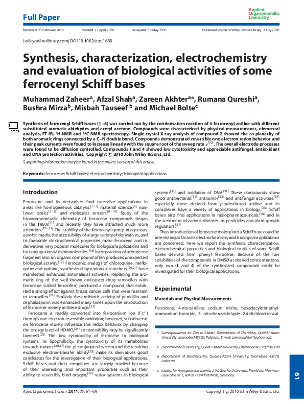 (PDF) Synthesis, characterization, electrochemistry and evaluation of biological activities of ...