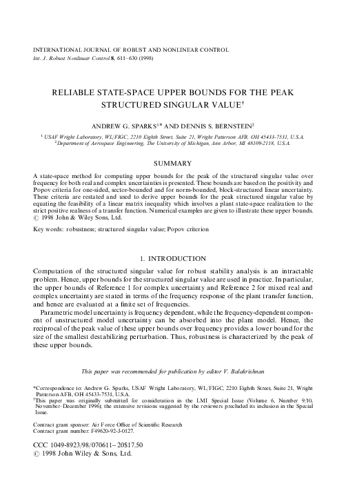 (PDF) Reliable state-space upper bounds for the peak structured singular value