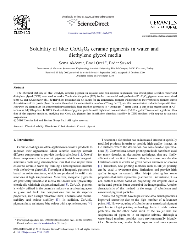 (PDF) Solubility of blue CoAl2O4 ceramic pigments in water and ...
