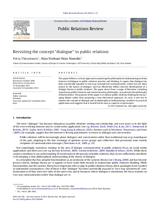 (PDF) Revisiting the concept “dialogue” in public relations