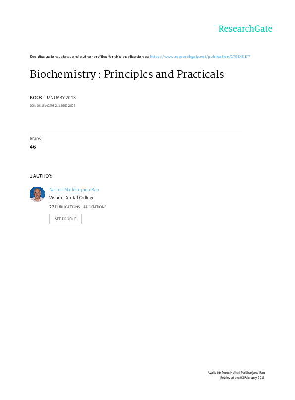 (PDF) Biochemistry : Principles and Practicals