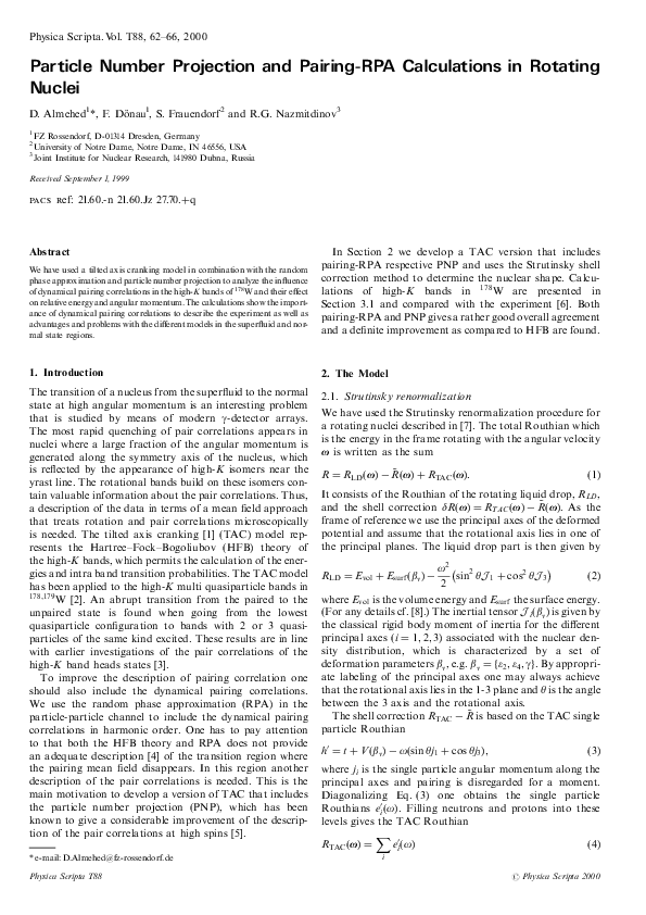 (PDF) Particle Number Projection and Pairing-RPA Calculations in Rotating Nuclei