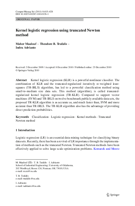 Pdf Kernel Logistic Regression Using Truncated Newton Method