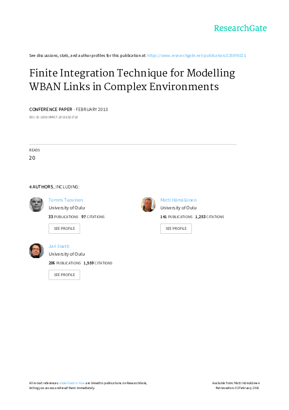 (PDF) Finite Integration Technique for Modelling WBAN Links in Complex Environments