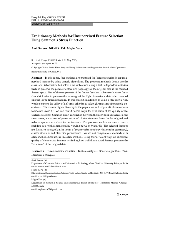 (PDF) Evolutionary methods for unsupervised feature selection using Sammon’s stress function