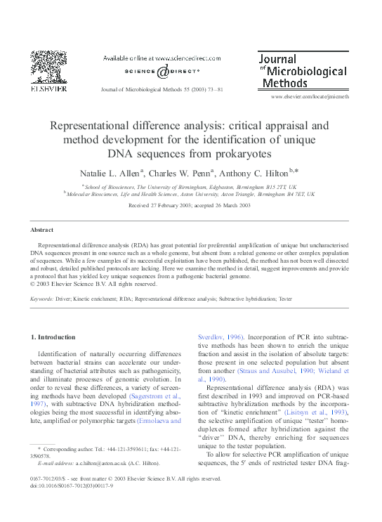 (PDF) Representational difference analysis: critical appraisal and method development for the ...