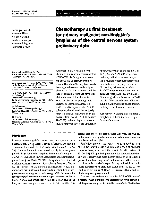 (PDF) Chemotherapy as first treatment for primary malignant non-Hodgkin's lymphoma of the ...