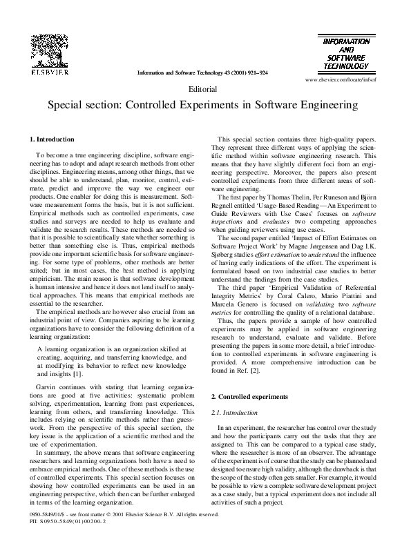 (PDF) Special section: Controlled Experiments in Software Engineering