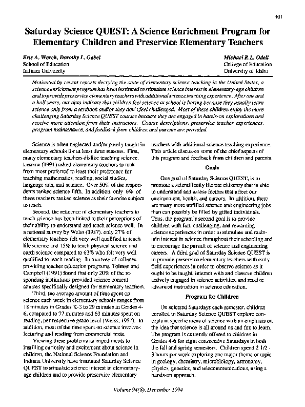 (PDF) Saturday Science QUEST: A Science Enrichment Program for ...