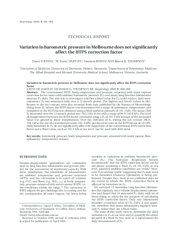 (PDF) BTPS Correction Factor Stability in Melbourne