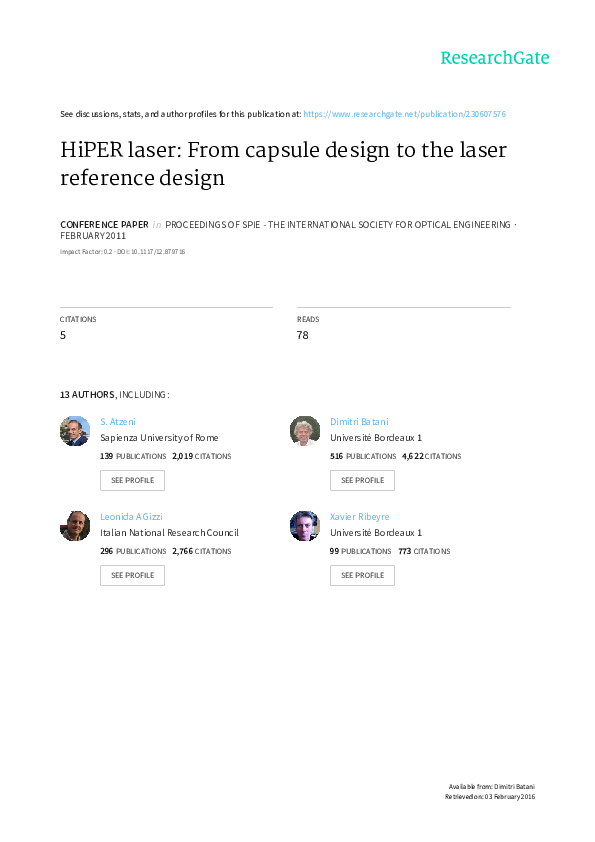 (PDF) HiPER laser: from capsule design to the laser reference design