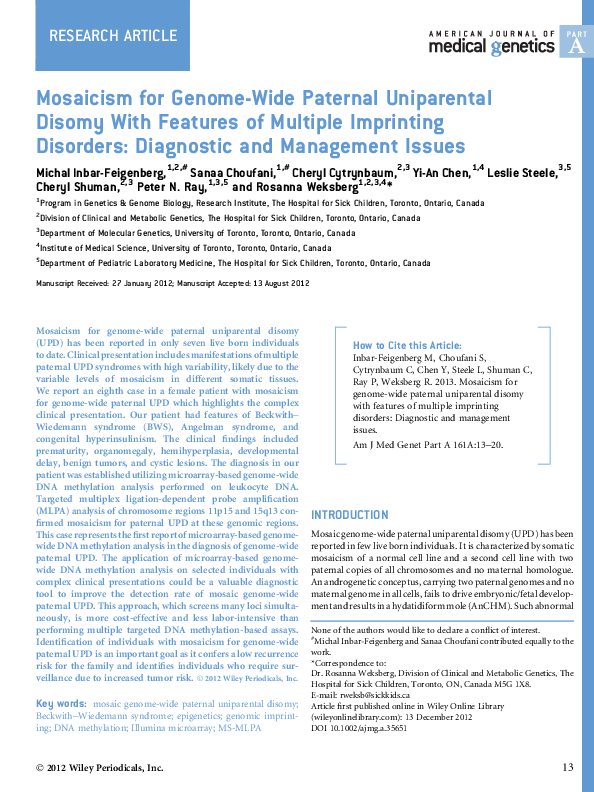 (PDF) Mosaicism for genome-wide paternal uniparental disomy with ...