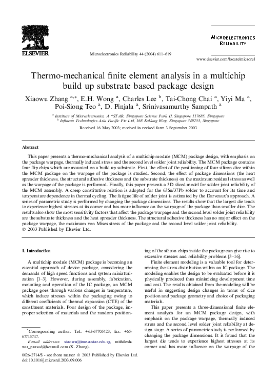 (PDF) Thermo-mechanical finite element analysis in a multichip build up substrate based package ...