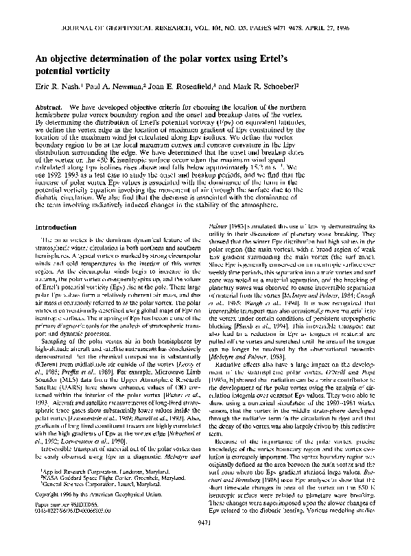 (PDF) An objective determination of the polar vortex using Ertel's ...