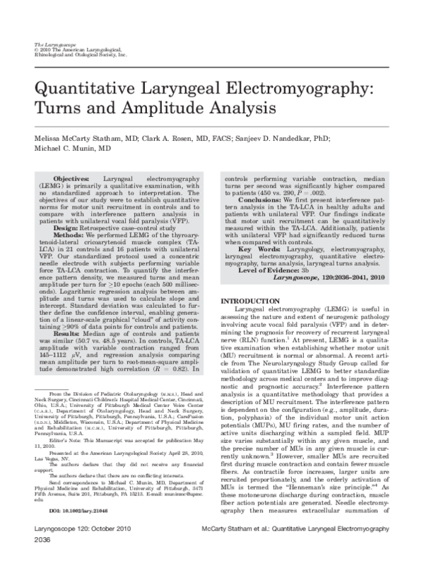 (PDF) Quantitative laryngeal electromyography: Turns and amplitude analysis