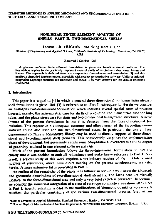 Pdf Nonlinear Finite Element Analysis Of Shells Part Ii Two