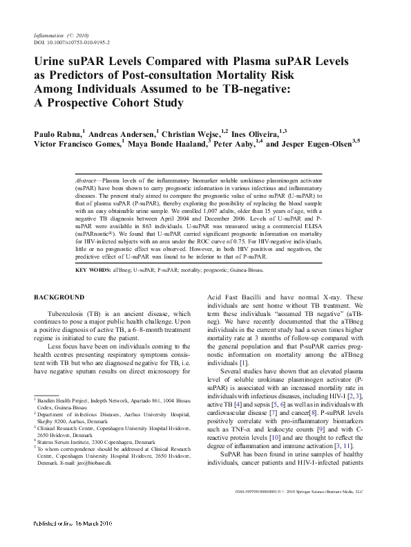 (PDF) Urine suPAR Levels Compared with Plasma suPAR Levels as ...