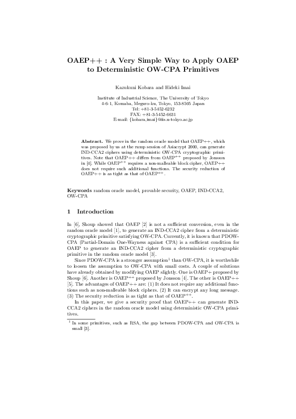 (PDF) OAEP++: A Very Simple Way to Apply OAEP to Deterministic OW-CPA ...