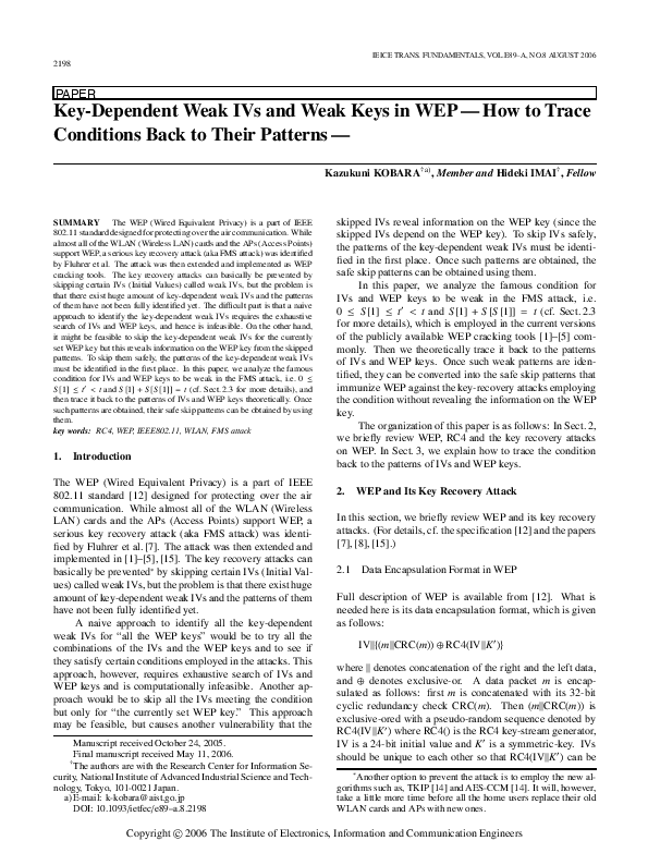 (PDF) Key-Dependent Weak IVs and Weak Keys in WEP -- How to Trace ...