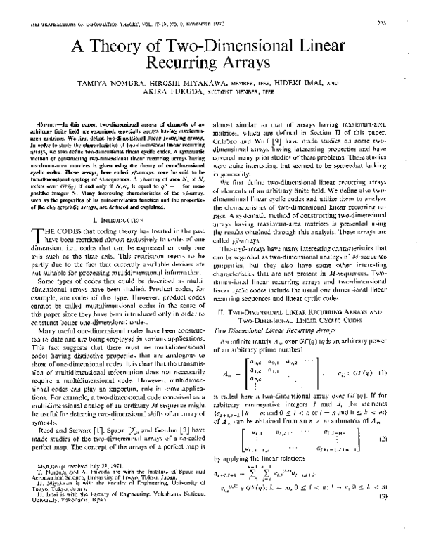 (PDF) A theory of two-dimensional linear recurring arrays